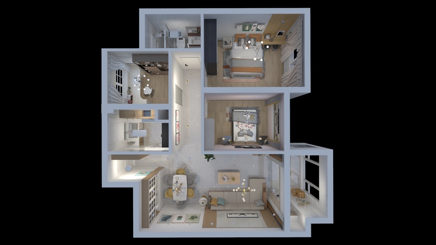 家装84m2海德83.00㎡A2’3室2厅1卫1厨装修效果图-装修设计方案-酷家乐3D云设计